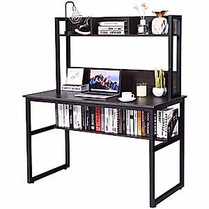 Tangkula Computer Desk with Hutch, Home Office Desk Study Writing Desk with Storage Bookshelves, Space Saving Computer Workstation for Home Office (Dark Walnut)