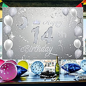 Sweet Happy 14th Birthday Backdrop Banner Poster 14 Birthday Party Decorations 14th Birthday Party Supplies 14th Photo Background for Girls,Boys,Women,Men - Silver 72.8 x 43.3 Inch