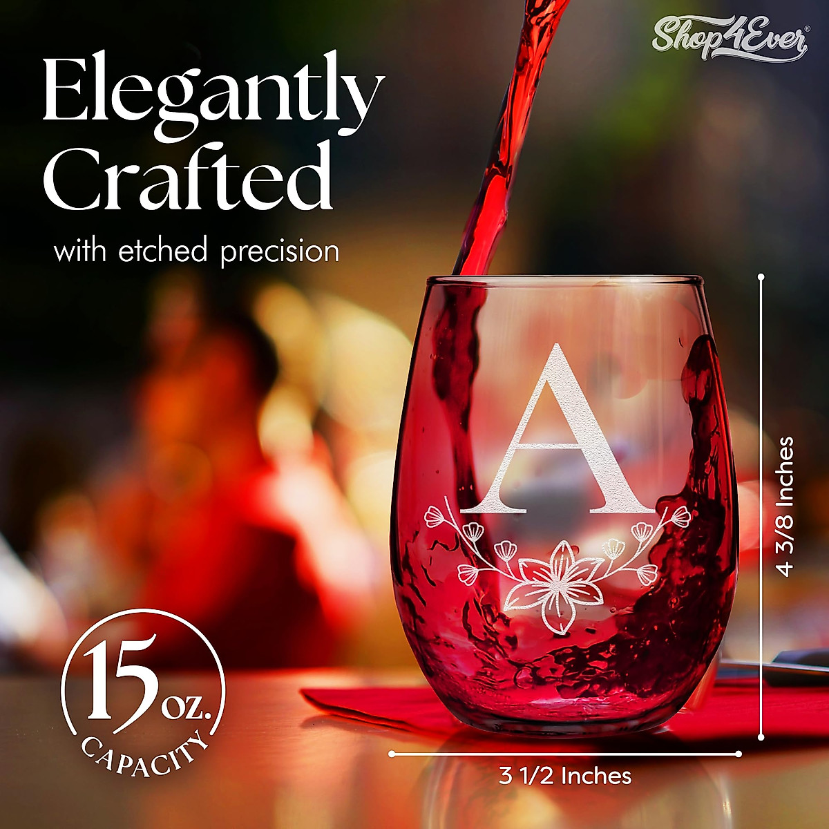 Floral Monogram Engraved Initial Letter Stemless Wine Glass 15 oz. Personalized Monogrammed Custom Gift (A)