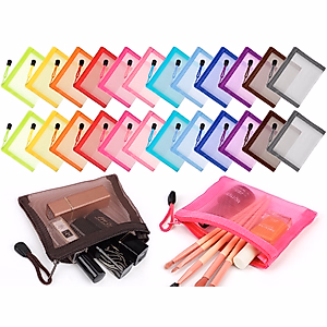 Jexine 24 Pcs Mini Zipper Mesh Bags Lipstick Cosmetic Accessories Organizer Nylon Makeup Zipper Pouch Small Cosmetic Bag for Purse Beauty Mesh Travel Bags for Women(Bright Color, 5 x 4 Inch)