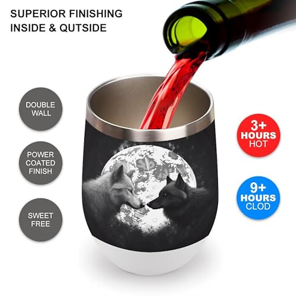 WYUSPGK 304 Stainless Steel Insulated Cup, Wolves Love Under The Moon Wild Animal Print Smooth Rim, Durable & Reusable - Perfect for Office, Home, And Travel