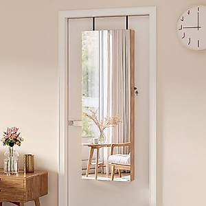 LVSOMT Wall Mount Mirror Jewelry Cabinet with LED Lights, Hanging/Over the Door Jewelry Organizer, Lockable Jewelry Armoire Mirror, Full Length Mirror with Jewelry Storage, Brown