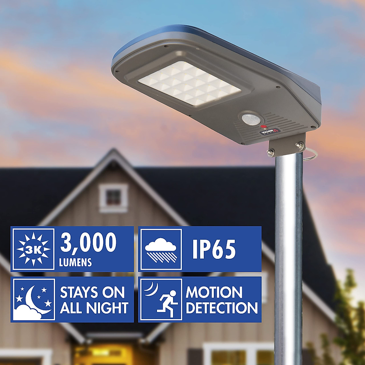 Wagan EL8591 3000 Lumen LED Solar Street Light with Remote Control Outdoor Solar Powered Flood Light Dusk to Dawn Waterproof Weatherproof Motion Sensor for Outdoor Garden Yard Path Parking Lot