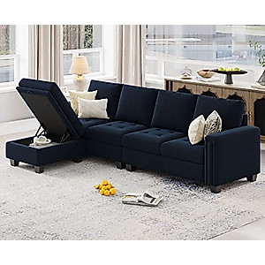 Belffin Velvet Reversible Sectional Sofa with Chaise Convertible L Shaped 4-seat Sectional Couch with Storage Ottoman Blue
