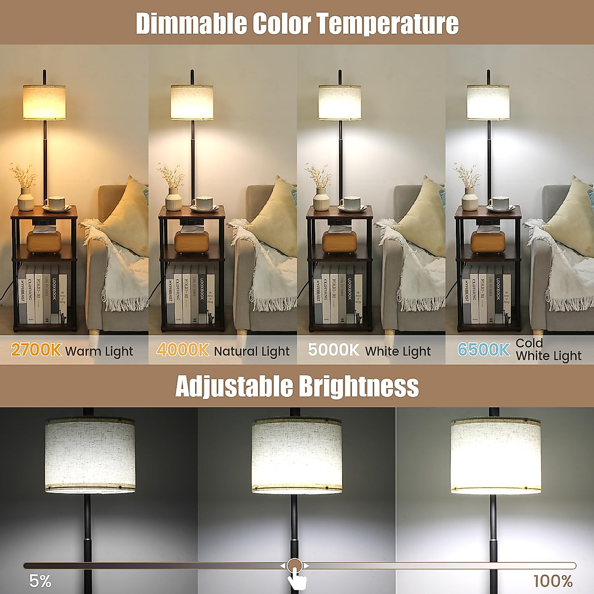 Hitish Floor Lamp with Table, Rustic End Table Lamp with USB Charging Port, Power Outlet & Shelves, Side Table Reading Light with Adjustable Color Temperatures & Brightness for Bedroom, Living Room