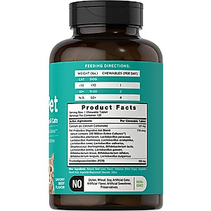 Horbäach Probiotics for Dogs & Cats | 120 Chewable Tablets | Digestive Aid | with 14 Probiotic Strains | Savory Beef Flavored Pet Supplement | by River & RULA
