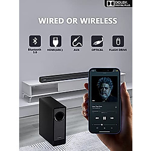 5.1 CH Surround Sound Bar with Dolby Audio, Sound Bars for TV with Wireless Subwoofer, Dolby Digital Plus, Bluetooth 5.0, Surround Sound System for Home Theater, Works with 4K & HD TVs| HDMI & Optical