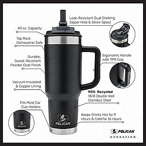 HydrationHub USA Pelican Porter™ Dual - 40 oz. Dual Lid, Recycled Double Wall Stainless Steel Travel Tumbler, Jet Black