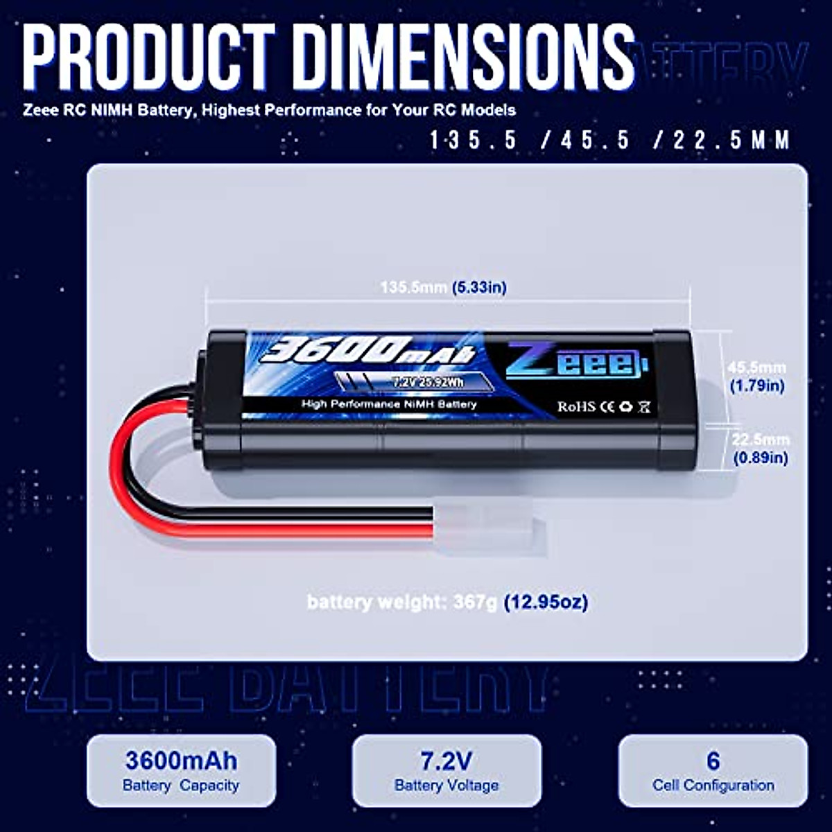 Zeee 7.2V NiMH Battery 3600mAh RC Battery High Power with Tamiya Connector for RC Car RC Truck Associated HPI Losi Kyosho Racing Hobby