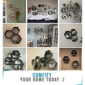 Rustic Wall Mounted Hexagonal Floating Shelves – Set of 3 – Large, Medium and Small – Screws and Anchors Included - Farmhouse Shelves for Bedroom, Living Room and More – Honeycomb Wall Décor - Torched