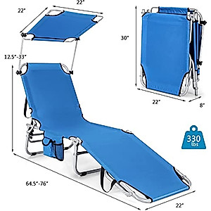 Tangkula Outdoor Folding Chaise Lounge Chair, 5-Fold Reclining Beach Chair, Patio Recliner Chair w/ 360° Canopy Shade & Side Storage Pocket, Portable Chaise Lounge for Beach, Sunbathing (1, Navy)