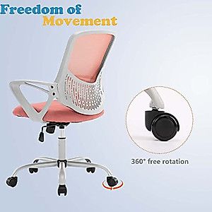 Home Office Chair - Ergonomic Computer Chair with Height Adjustable Swivel Chair Mesh Chair with Fixed Armrests and Soft Lumbar Support, Pink