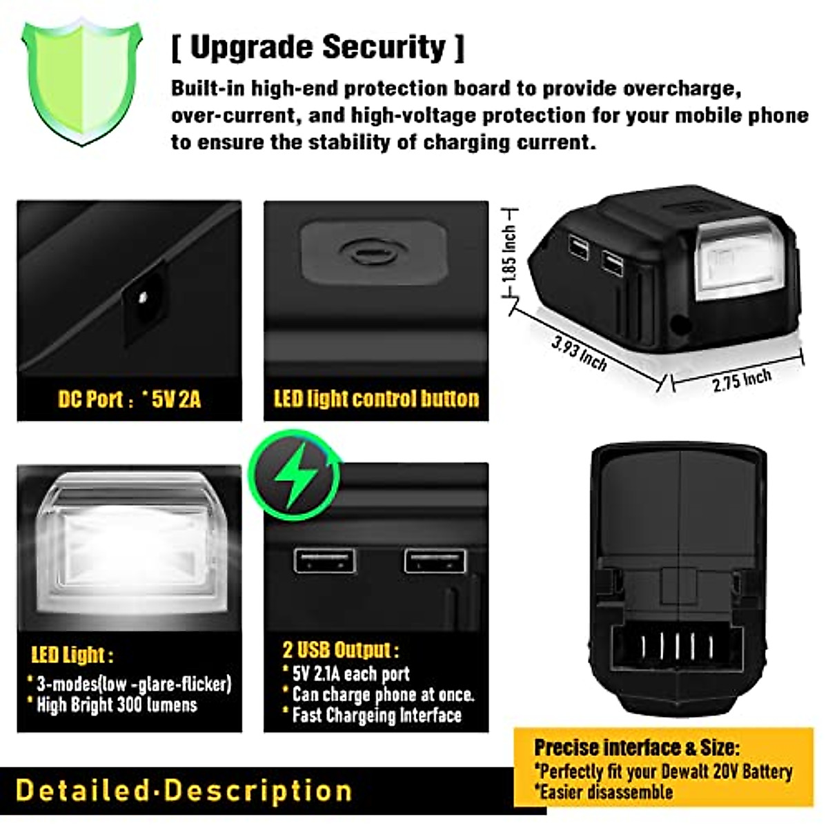 【with DC/USB Ports & LED Light】 Replacement for Dewalt Battery Adapter 20V Phone Charger Heated Jacket Ddapter for Dewalt DCB090 Converters Power Source (for Dewalt 12V 14.4V 18V 20V Battery)