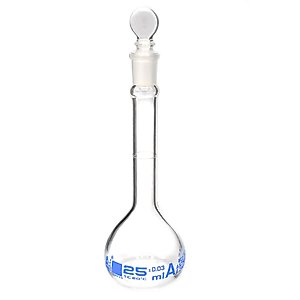 EISCO Volumetric Flask, 25ml - Class A, ASTM - Tolerance ±0.030 ml - Glass Stopper - Single, Blue Graduation