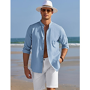 COOFANDY Mens Cotton Linen Mandarin Collar Shirts Long Sleeve Button Down Chambray Shirt Sky Blue
