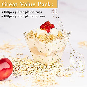 Kucoele 100 Pack 2 oz Mini Dessert Cups with Spoons, Gold Glitter Plastic Serving Cups for Small Appetizers Parfaits Puddings Fruits Yogurts and Tastings