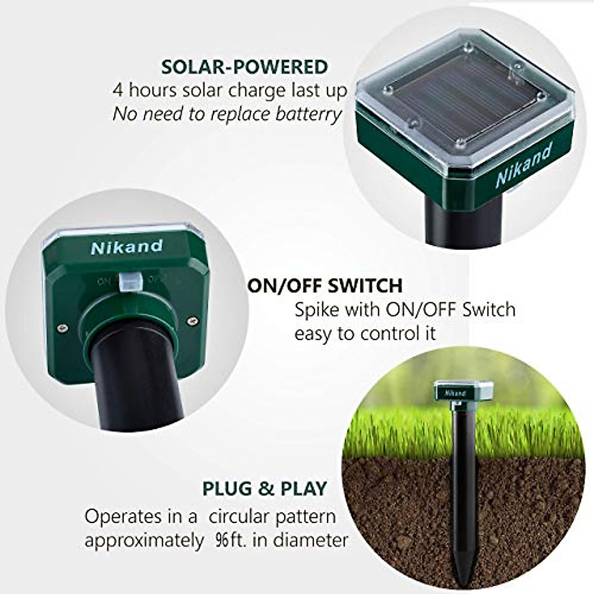 NIKAND Solar Mole Repellent Ultrasonic 4 Pack Outdoor Powered Sonic Deterrent - Mole Stopper Scare Vole for Lawn Garden Yard Home - Groundhog Repeller Snake Rodent Gopher Spikes Chaser Pest (4 Pack)
