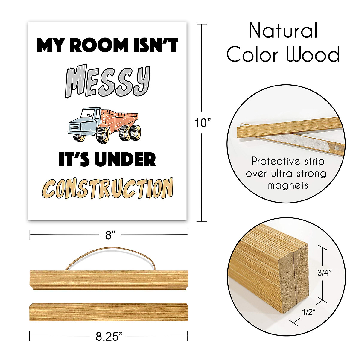 Framed Sweet Jojo Designs Construction Truck Wall Art Prints Room Decor for Baby, Nursery, and Kids - Set of 4 - Grey Yellow Orange Red and Blue Transportation with Wooden Hanging Magnetic Frames