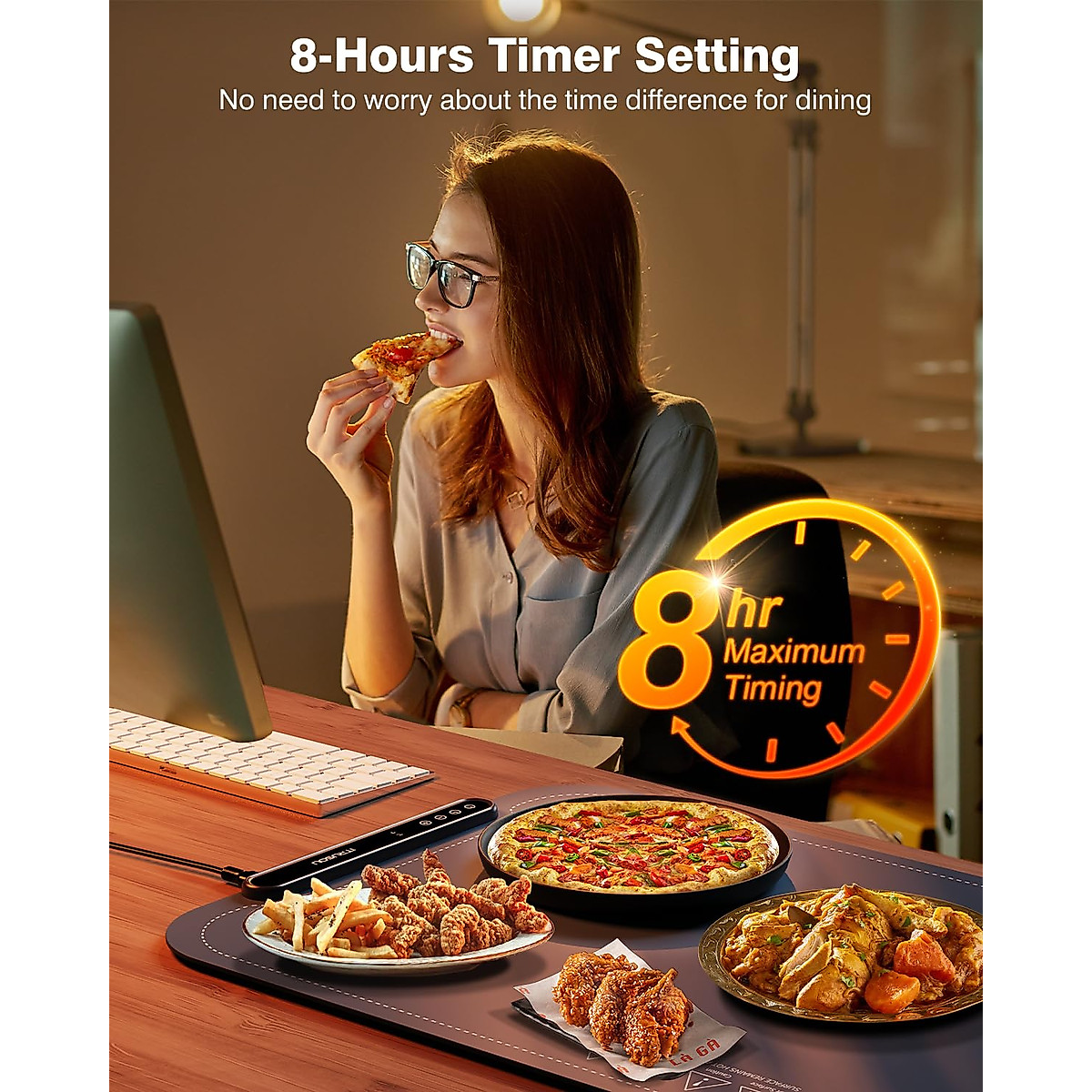 Electric Warming Tray, iTRUSOU Silicone Warming Mat for Food with 7 Level Temp, Switchable Celsius/Fahrenheit, 1-8Hr Auto Shut-Off, Upgrade Strap Keep Food Warm at Buffet, Party, Sabbath, Daily Use