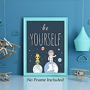 CHDITB Unframed Inspirational Art Print, Outer Space Planet Wall Art Painting,Set of 4（8" x10" ） Be Kind Be Brave Be Curious Be Yourself Quote Canvas Posters for Boys Kids Bedroom Nursery Decor
