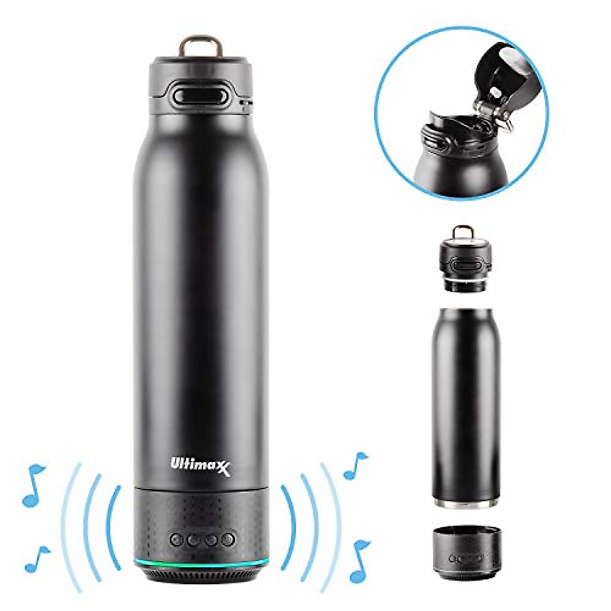Vacuum Insulated Premium Water Bottle with Rechargeable Bluetooth Speaker - Steel Double Wall Design + Lights, Convenient drinking spout, Lid Lock, and Carry Handle (700ml/23.6 oz) (Black)