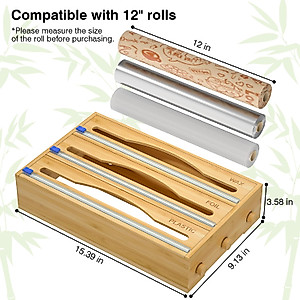 Foil and Plastic Wrap Organizer , 3 in 1 Plastic Wrap Dispenser with Cutter for Kitchen Drawer , Bamboo Roll Organizer Holder for Aluminum Foil and Wax Paper , Compatible with 12" Roll (Bamboo)