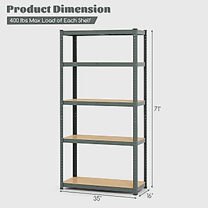 Giantex 5-Tier Storage Utility Shelves, Metal Garage Shelving Unit w/Adjustable Height, Anti-tipping Devices, 2000 LBS Total Load Capacity, Heavy Duty Display Rack for Shop, Kitchen (1, Gray)