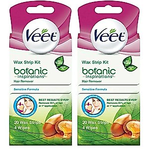 Veet Ready-To-Use Wax Strip Hair Remover Kit for Bikini Underarm and Face, 20 Count (Pack of 2)