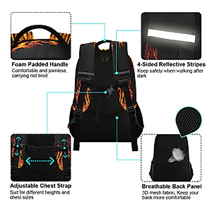 Fire Flames School Backpacks with Chest Strap for Teens Boys Girls,Lightweight Student Bookbags 17 Inch, Creative Unique Casual Daypack Schoolbags