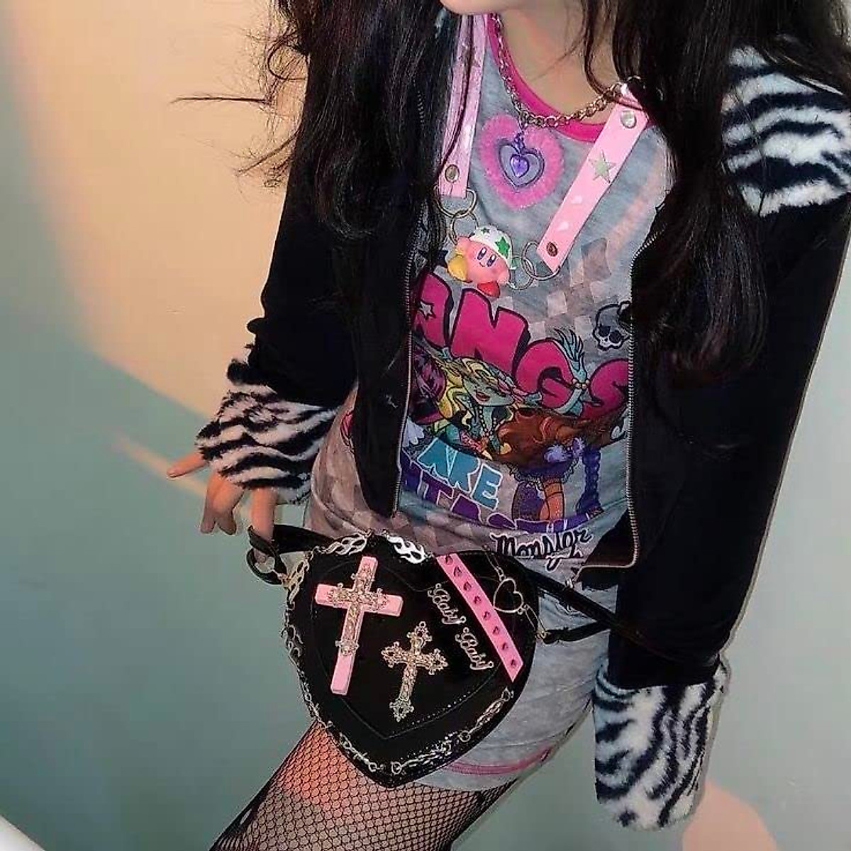 Gothic Heart-shaped Zip Chain Crossbody Bag Kawaii Wallet Y2k Shoulder Bag Y2k Fashion Y2k Purse (Black)