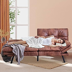 Fangflower Futon Sofa Bed, Faux Leather Memory Foam Couch, Foldable Convertible Sleeper Loveseat, Daybed for Living Room, Brown