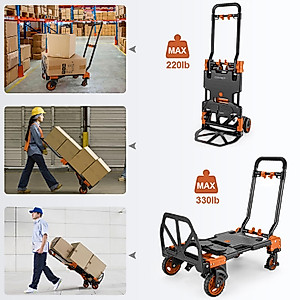 330LB Folding Hand Truck Heavy Duty Carrying, Combination of Four Wheels and Two Wheels Convertible Dolly Cart with Retractable Handle Dolly for Moving Office Carts(Orange)