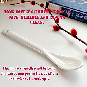 AKOAK 6.7 "Ceramic Egg Spoon (Set of 5), White Long-Handled Ceramic Spoon, Teaspoon for Coffee, Tea, Yogurt, Ice Cream, Sauces and Desserts, Espresso Stirring Spoon