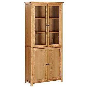 vidaXL Solid Wood Oak Bookcase with 4 Doors Shelf Cabinet Display Storage Unit Living Room Studio Office Freestanding Organizer 31.5" Glass