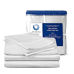 9Threads 400 Thread Count 100% Cotton Sateen Bed Sheets Deep Pocket, Cotton Bedsheets Crisp Cool and Strong Bed Linen (White, Queen)