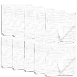 AllSett Health 10 Pack Muslin Burp Cloths Large 20" by 10" 100% Cotton, Hand Wash Cloth 6 Layers Extra Absorbent and Soft White