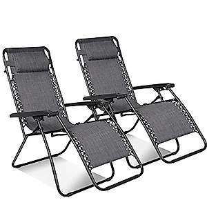 KEPLIN Zero Gravity Chairs Set of 2 with Canopy - Made of Textoline I Heavy Duty Lounger for Garden I Patio Sun Loungers I Folding Reclining Chairs (Grey)