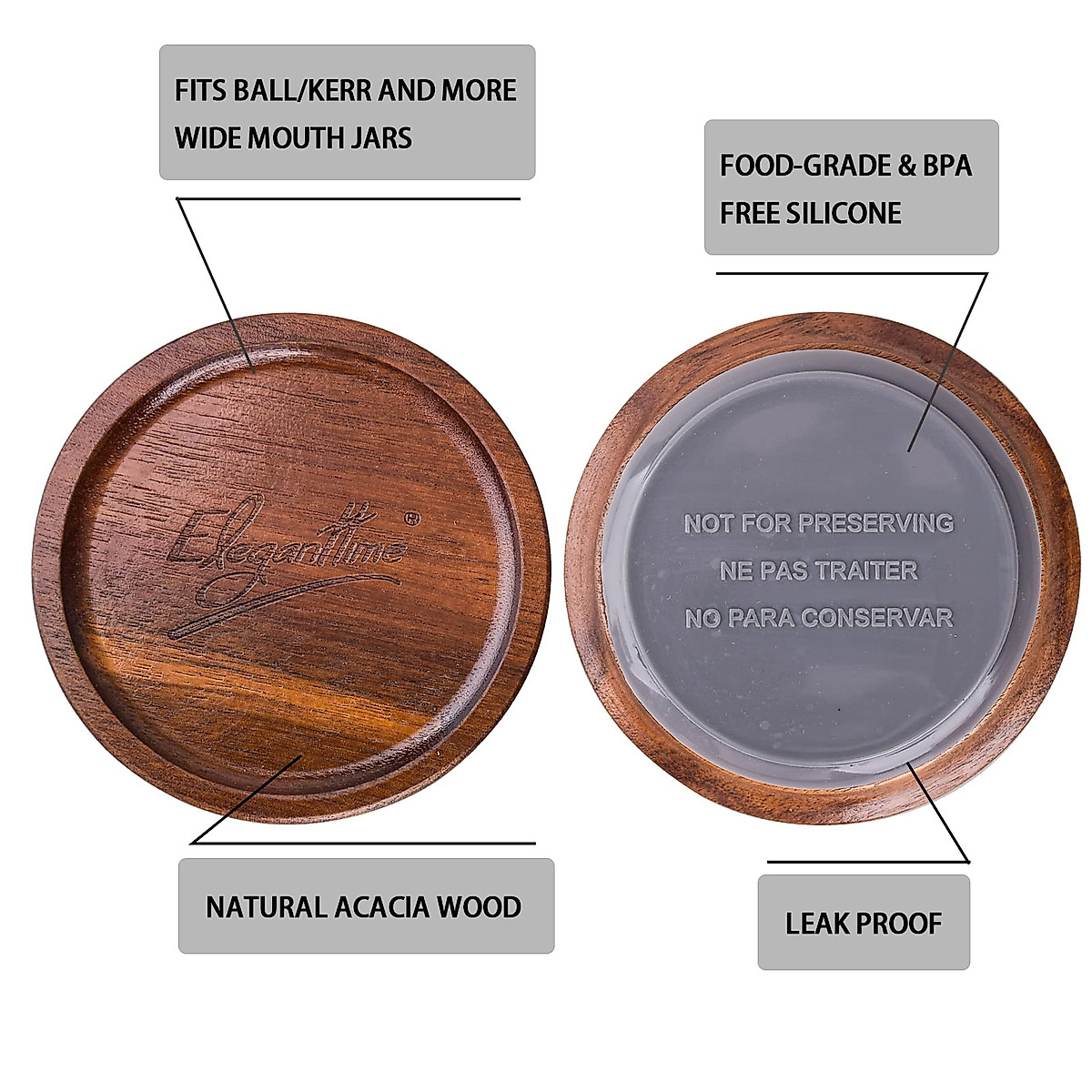 Eleganttime Wide Mouth Mason Jar Lids, 6 Pack Wooden Storage Lid with Silicone Sealing for Ball Mason Jar Canning Jars