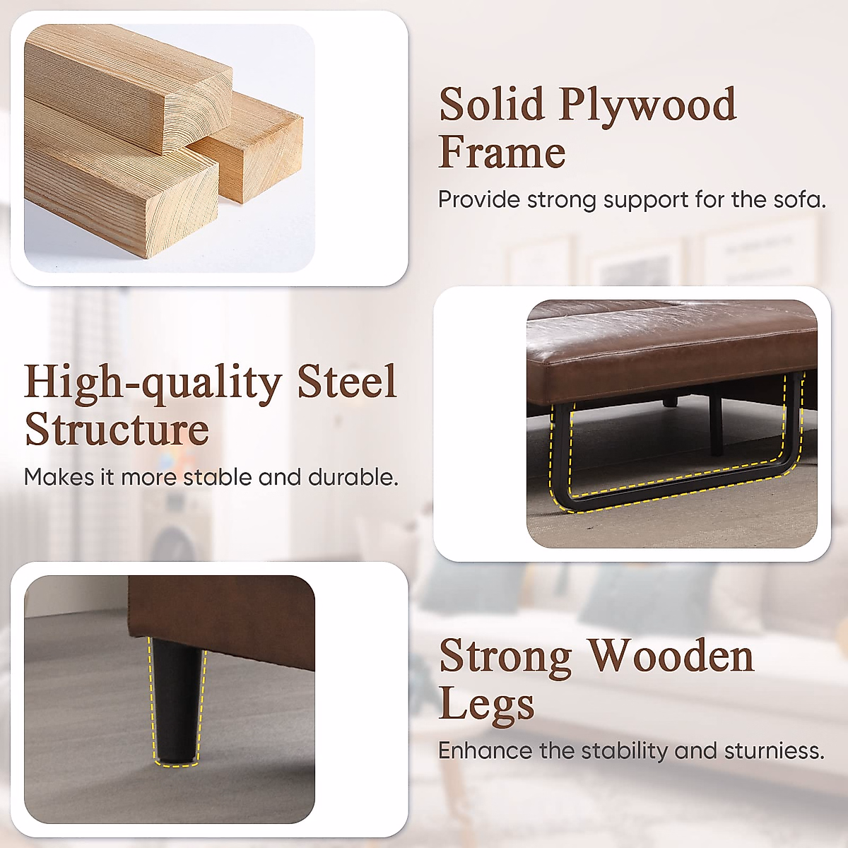 Deolme Pull Out Sleeper Sofa Bed with Storage Chaise Lounge, Modern Sleeper Couch with Side Pocket, Comfy 3 Seat Sofa Couch for Living Room, Bedroom, Home Office (Brown PU)