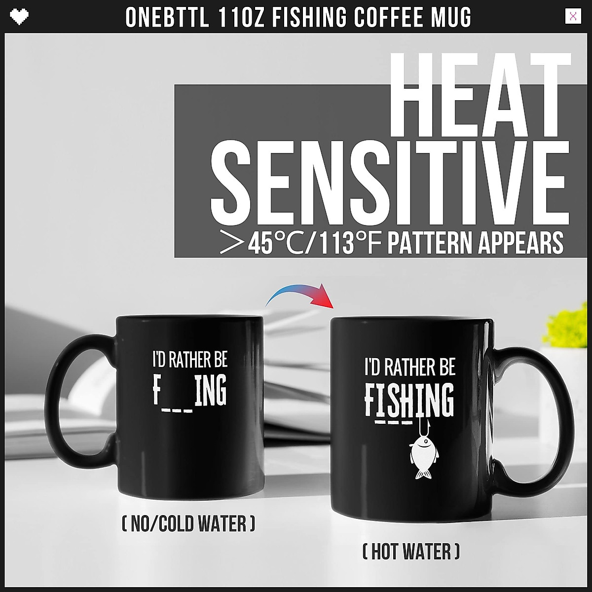 Onebttl Fishing Gifts for Men, Coffee/Cold Drinks Mug, Fishmen Gift for Fishing Lover, Ceramic Heat Changing Mug, Gift Idea Cup For Christmas, Birthday- I'd Rather Be FISHING