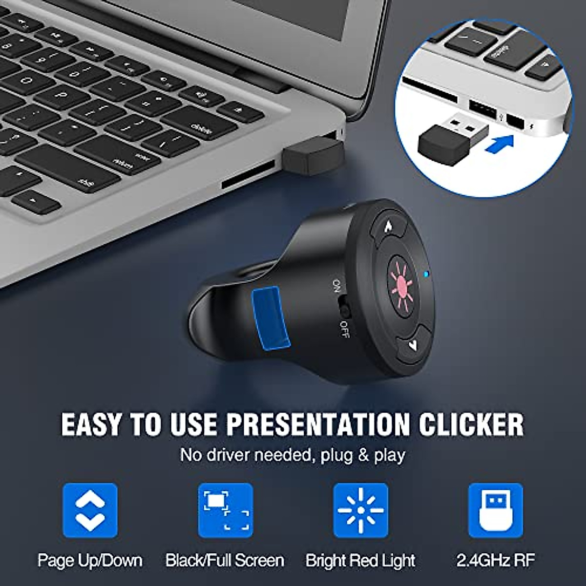 TECHERLEAF Presentation Clicker, Powerpoint Clicker with Red Laser Pointer Rechargeable, Finger Ring Wireless Presenter Remote PPT Clicker for Powerpoint Presentations Support Mac/Laptop/Computer