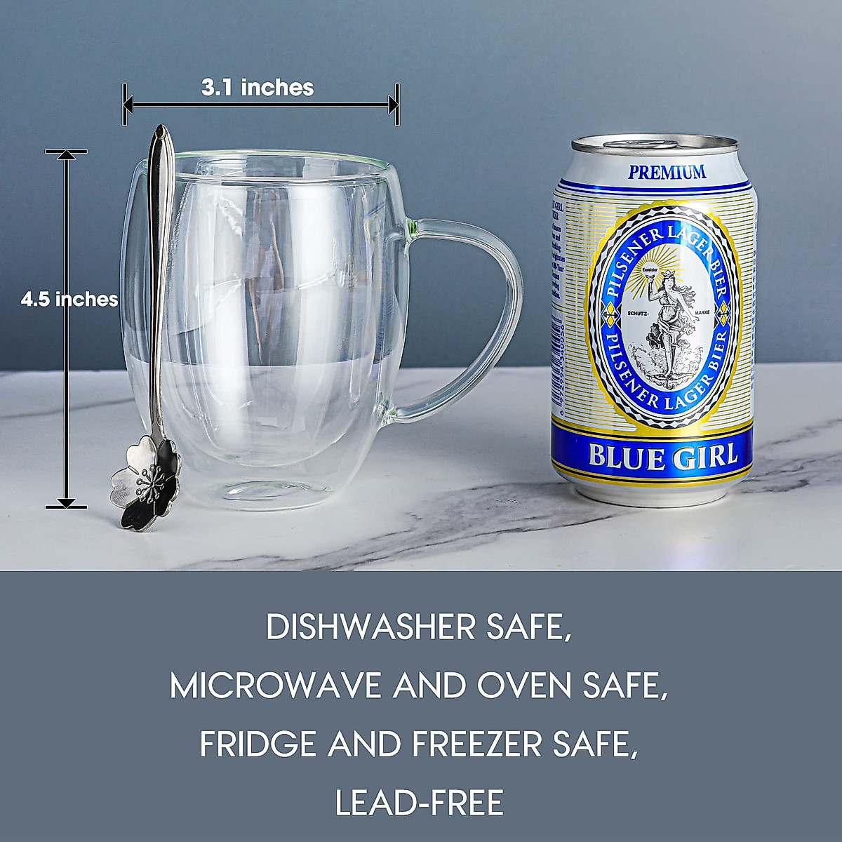 triaqua Double Wall Glass Coffee Mugs with Spoons, Set of 2, 12oz, Clear, Double Wall Espresso Cups, Cappuccino Cups, Insulated Borosilicate Glassware Tea Glasses, Perfect for Cold or Hot Drinks