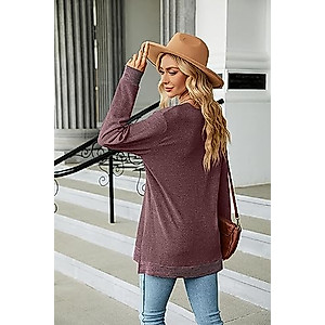 Keificle Women's V-Neck Pullover Color Blocking Long Sleeves Side Split Fall Tunic Tops (Large, 02_Purplish red)