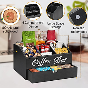 Coffee Bar Organizer Countertop, Wooden Coffee Bar Accessories Organizer With Drawer, Coffee Station Organizer Coffee Pods Holder Storage Basket, Farmhouse Coffee and Tea Condiment Organizer Station