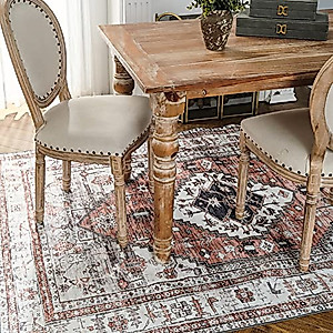 OIGAE Machine Washable Rug 5' x 7', Ultra-Thin Vintage Bohemian Medallion Area Rug, Stain Resistant Non-Slip Backing Rugs for Living Room Bedroom, Red