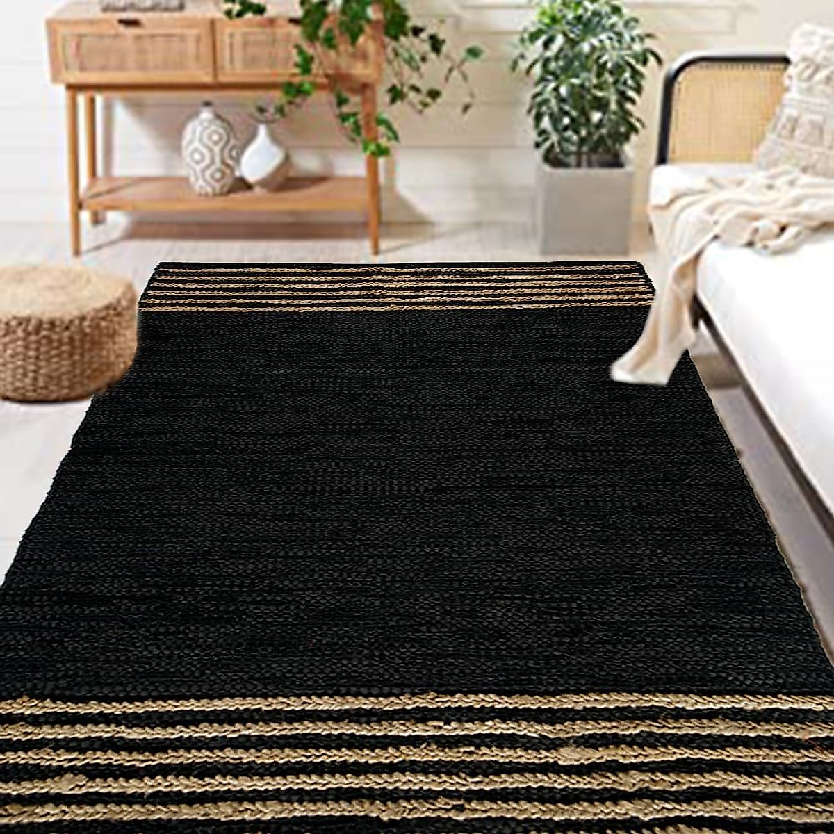 GRUHUM Jute Area Rug 4x6 ft Black Natural Leather Handmade Boho Farmhouse Rustic Vintage Eco Friendly Soft Braided Rug for Indoor Kitchen Bedroom Living Room Hallways Enterways 4'x6' ft Rectangle