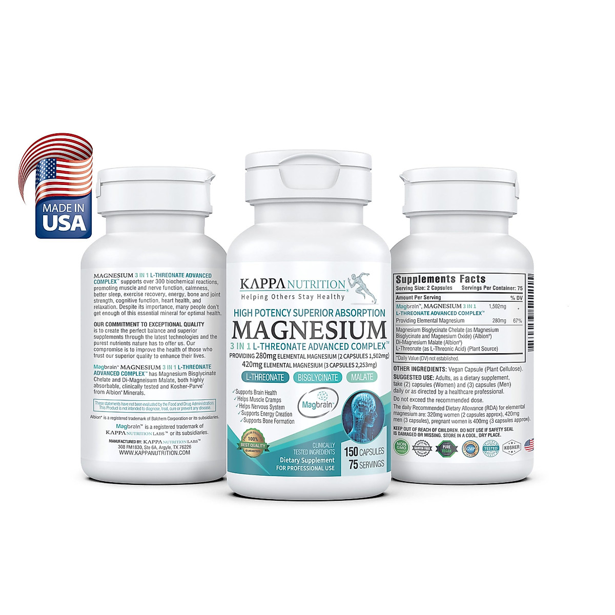 (150 Capsules), 2,253mg Per Serving, Providing 420mg Elemental Magnesium, L-Threonate, Bisglycinate Chelate, Malate, from Kappa Nutrition.