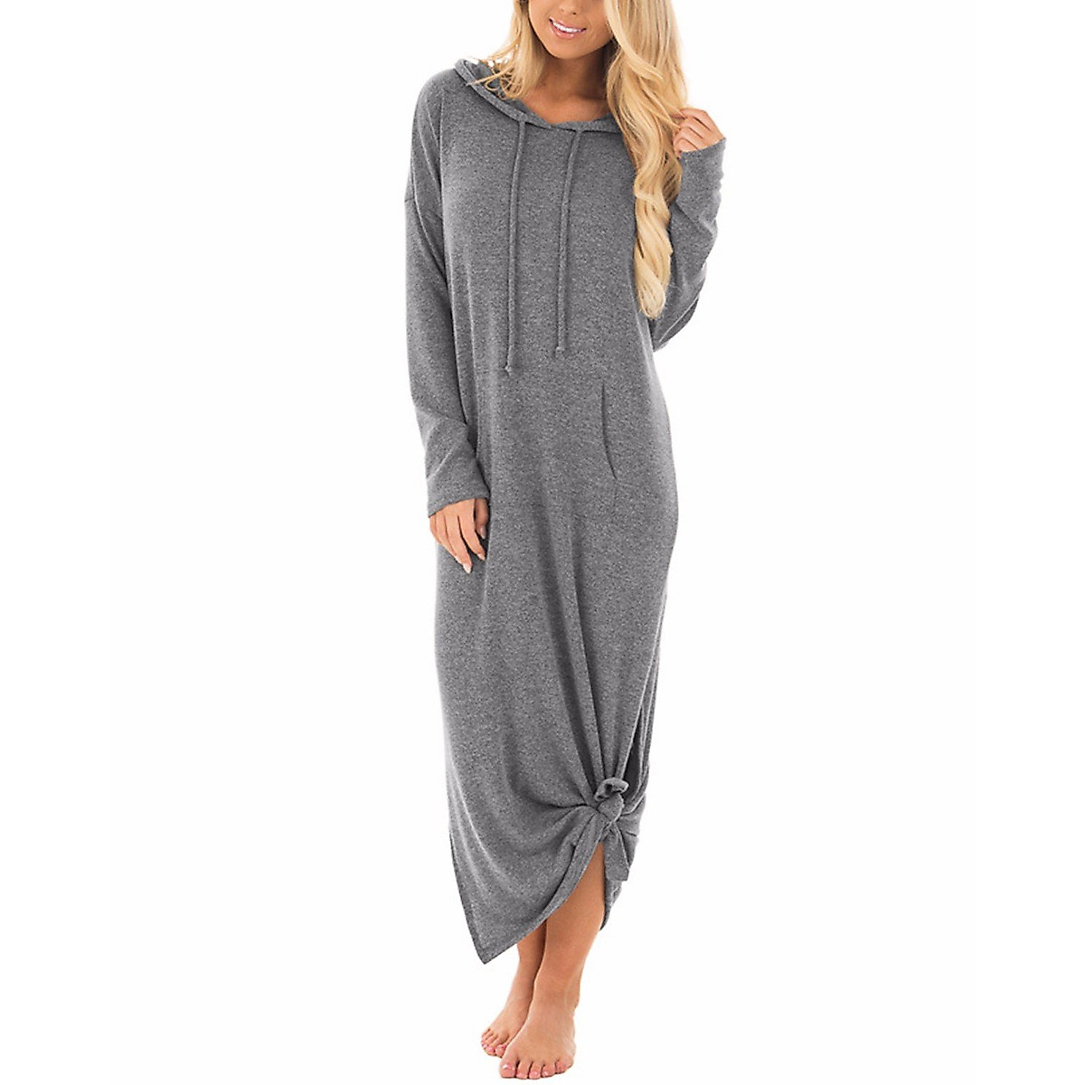 GIKING Women's Casual Hoodies Long Sleeve Split Hooded Long Maxi Sweatshirt Dress with Pockets 2023 Fall Fashion（Gray,L）