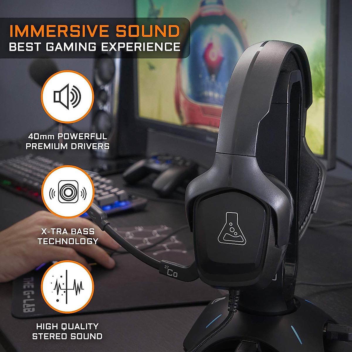 G-LAB KORP Cobalt PS4 Gaming Headset - Stereo Audio Gaming Headset, Ultra Light, High Bass - Microphone 3.5mm Jack for PC PS4 Xbox One Mac Nintendo Switch Tablet Laptop Smartphone (Black)