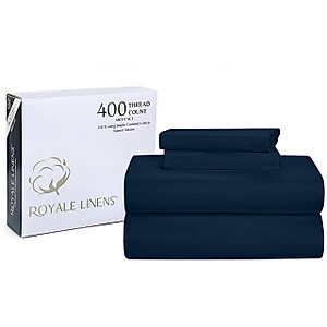 ROYALE LINENS 400 Thread Count 100% American Grown Cotton 4 Piece Sateen Queen Sheet Set - 1 Fitted Sheet, 1 Flat Sheet, 2 Pillow case - Navy Queen Bedsheet - Cotton Sheets - (Queen, Rivera Navy)